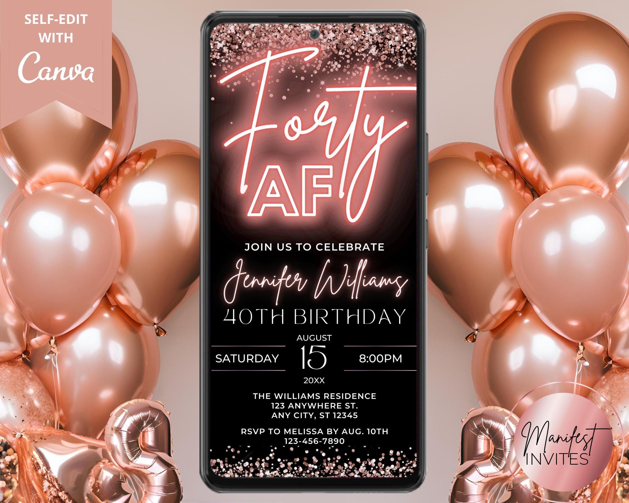 Digital Forty AF 40th Birthday Party Glam Invitation, 40 AF, Rose Gold ...
