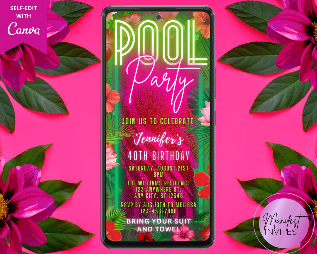Digital Tropical Pink Floral Pool Party Birthday Party Invitation ...