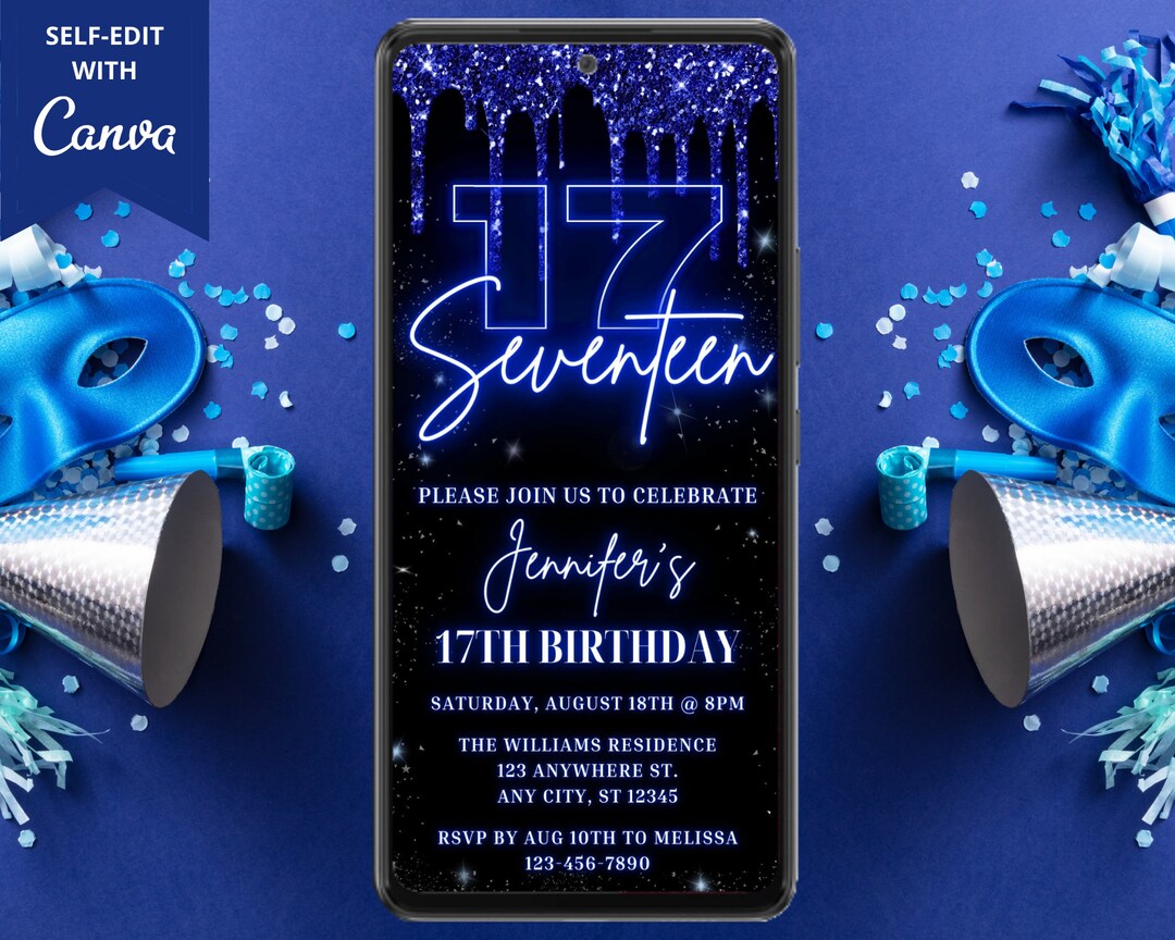 Digital Seventeen 17th Birthday Party Invitation, Electronic Text Email ...
