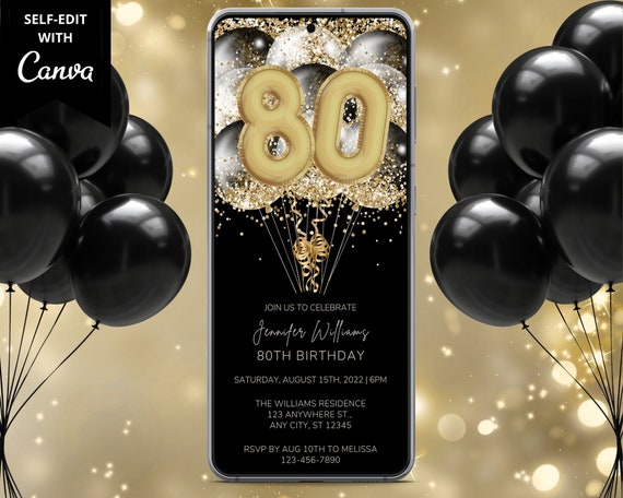 Digital 80th Birthday Invitation Electronic Birthday Party Etsy