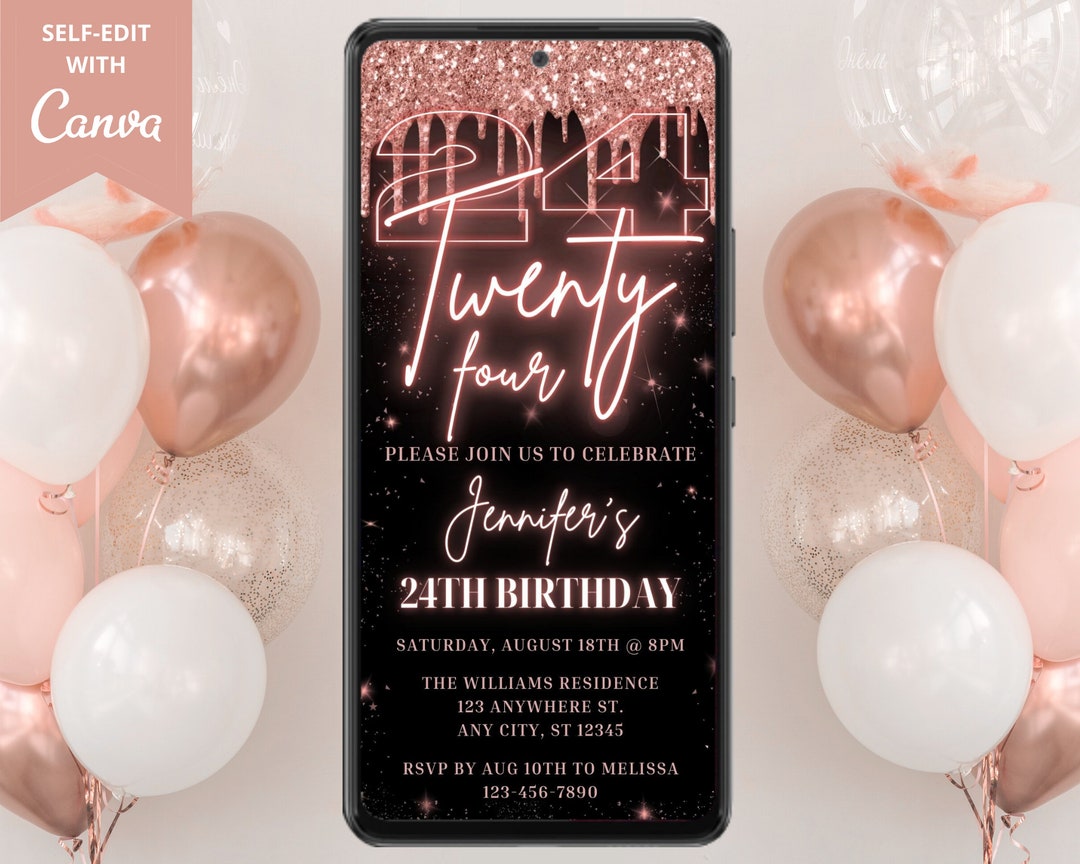 Digital Rose Gold 24th Birthday Party Invitation, Electronic Phone Text ...