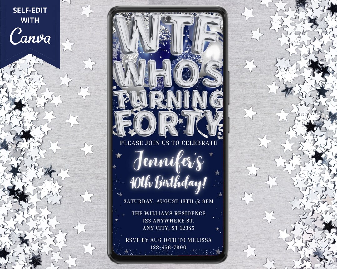 Digital WTF Who's Turning Forty 40th Birthday Party Navy Blue Silver ...