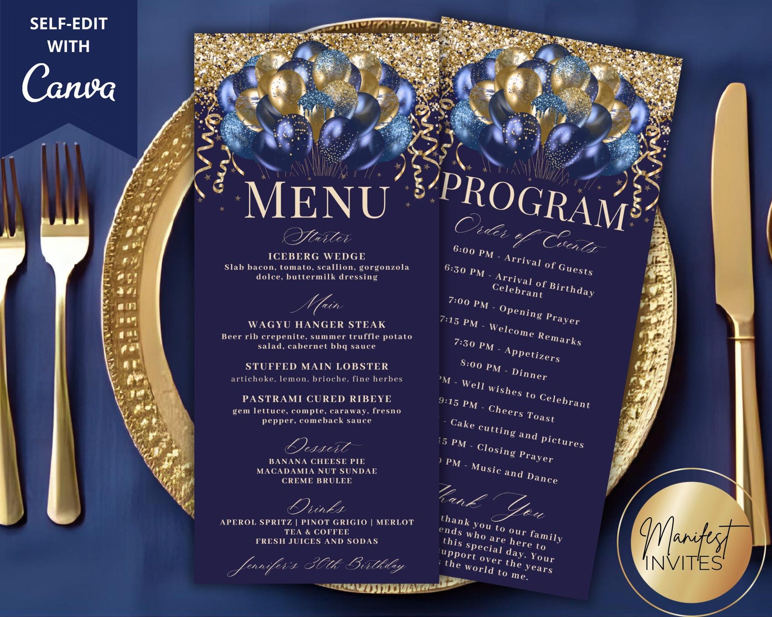 Editable Navy Blue Gold Glitter Balloons Menu Program and Thank You ...