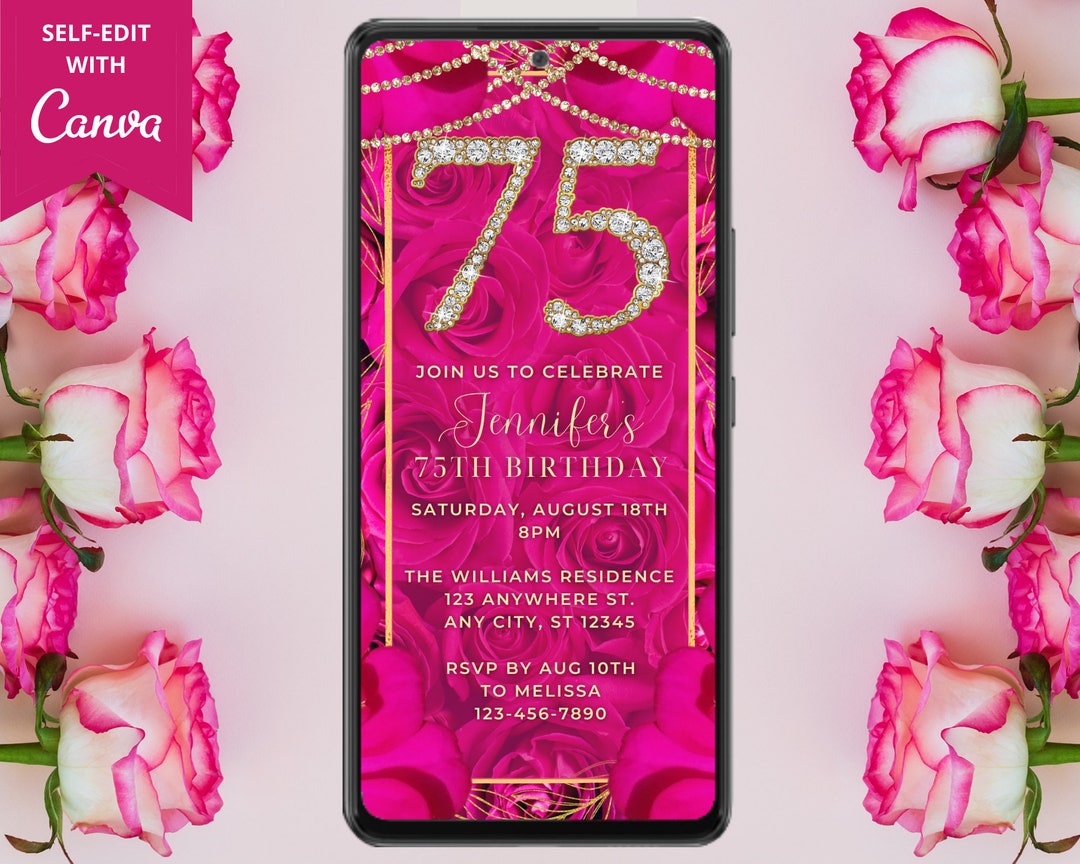 Digital 75th Birthday Pink Floral Gold Diamond Party Invitation, Electronic Phone Text Evite ...