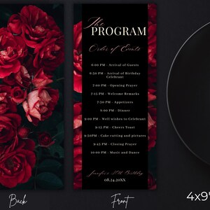 Editable Red Floral Birthday Event Program Card Template, Birthday ...