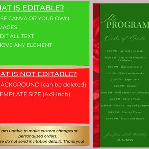 Editable Red Floral Birthday Event Program Card Template, Birthday ...