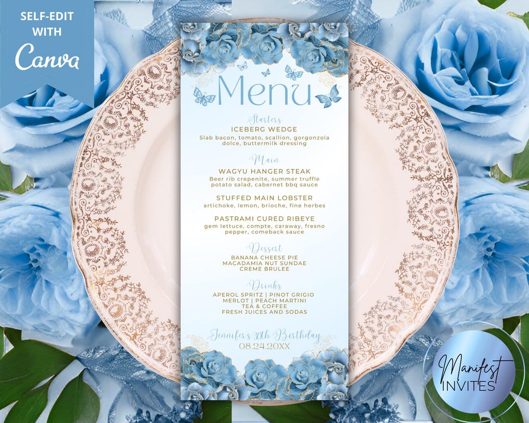 Editable Blue Gold Floral Dinner Menu and Drink Card Template, Birthday ...