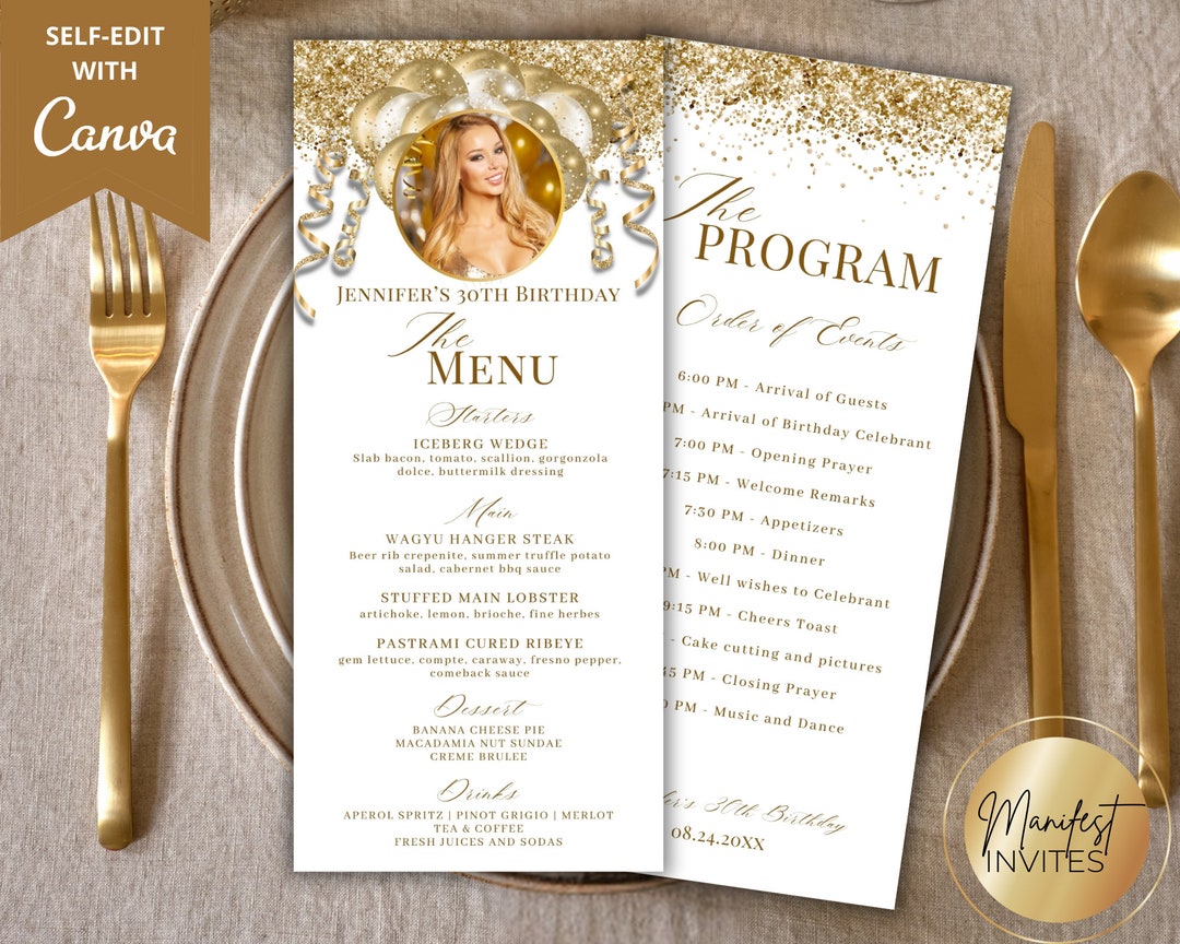 Editable Picture White Gold Glitter Balloons Menu and Program Card ...