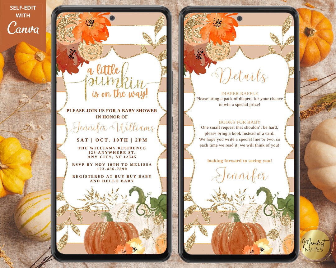 Invitación digital para baby shower A Little Pumpkin Is On The Way, naranja neutro, plantilla ...
