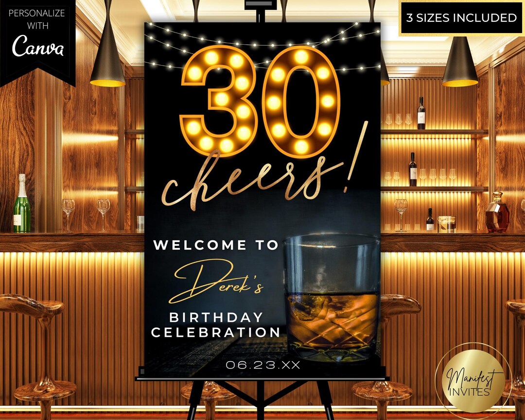 Printable Men's 30th Birthday Party Whiskey Welcome Sign, 30 Cheers ...