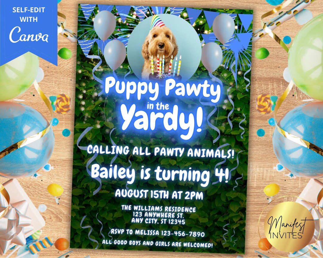 Editable Puppy Pawty in the Yardy Boy Dog Birthday Party Photo ...