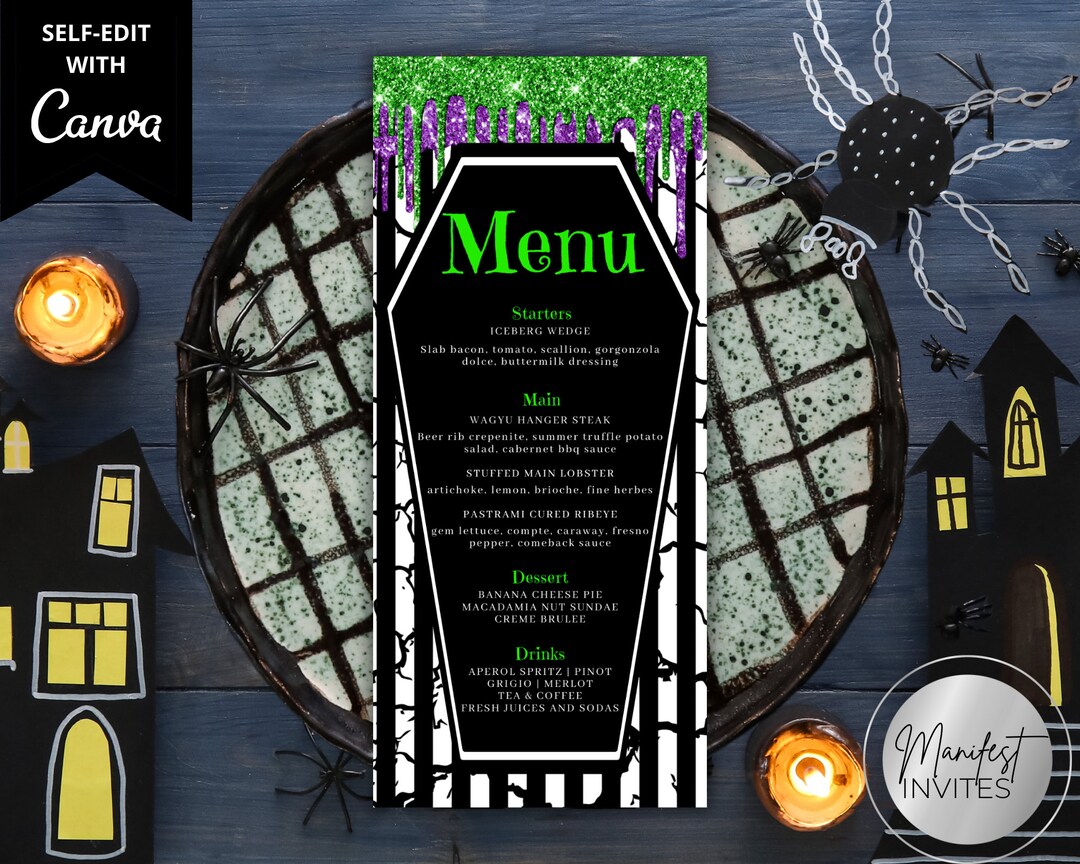 Editable Halloween Party Dinner Menu Template, Purple Green Glitter ...