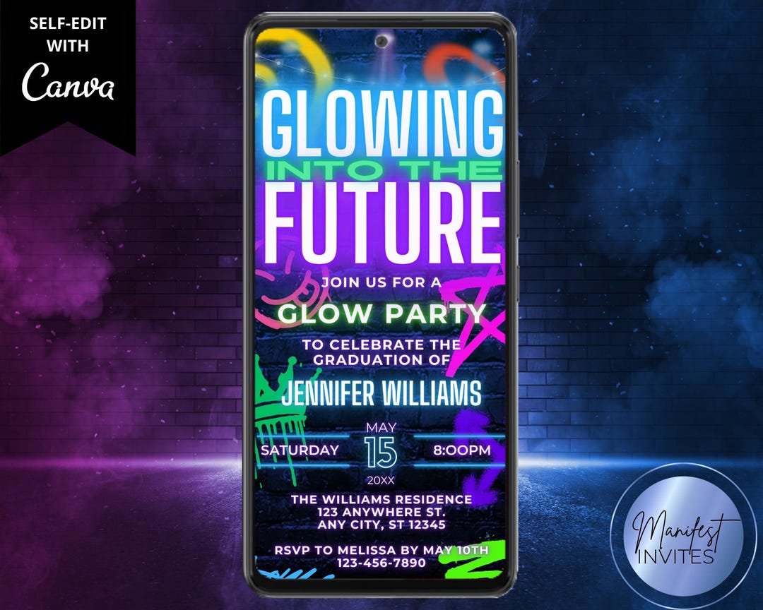 Digital Graduation Glow Neon Party Invitation, Graduation Announcement ...
