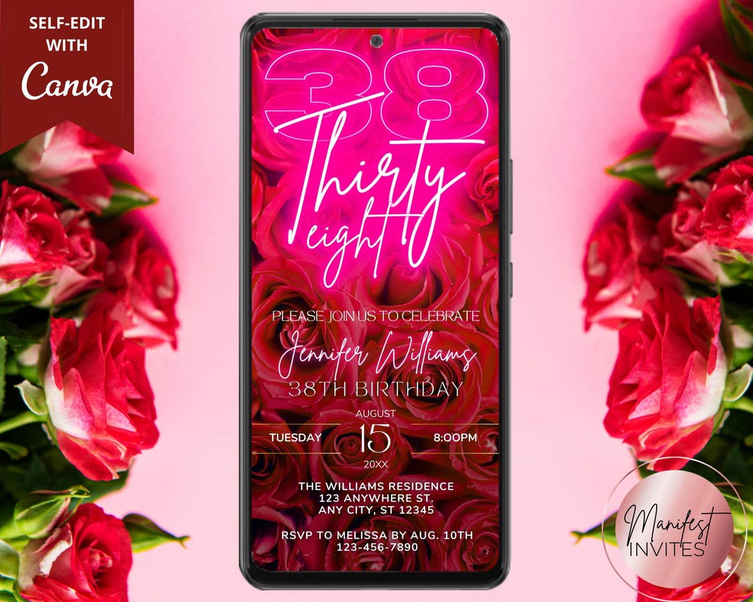 Digital 38th Birthday Pink Neon Red Floral Roses Party Invitation, for ...