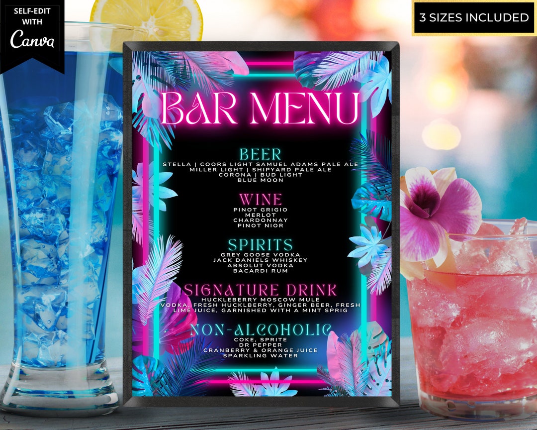 Editable Tropical Pink Teal Neon Bar Menu Template, Printable Signature ...