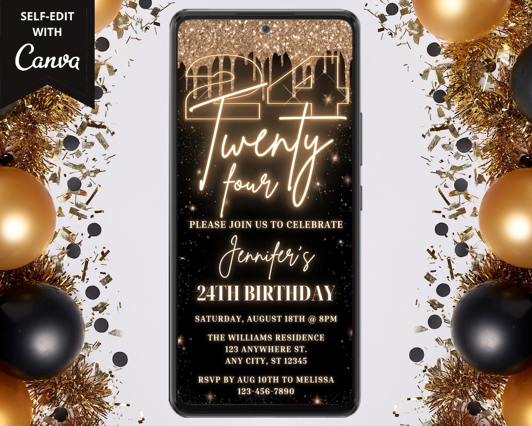 Digital 24th Birthday Party Invitation, Electronic Phone Text Message ...