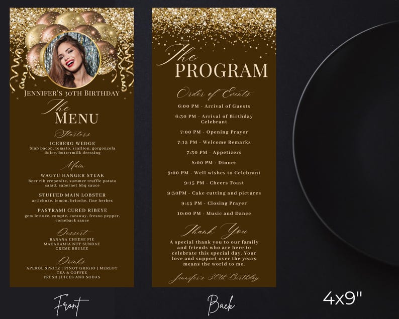 Editable Brown Bronze Gold Glitter Balloons Menu Program and Thank You ...