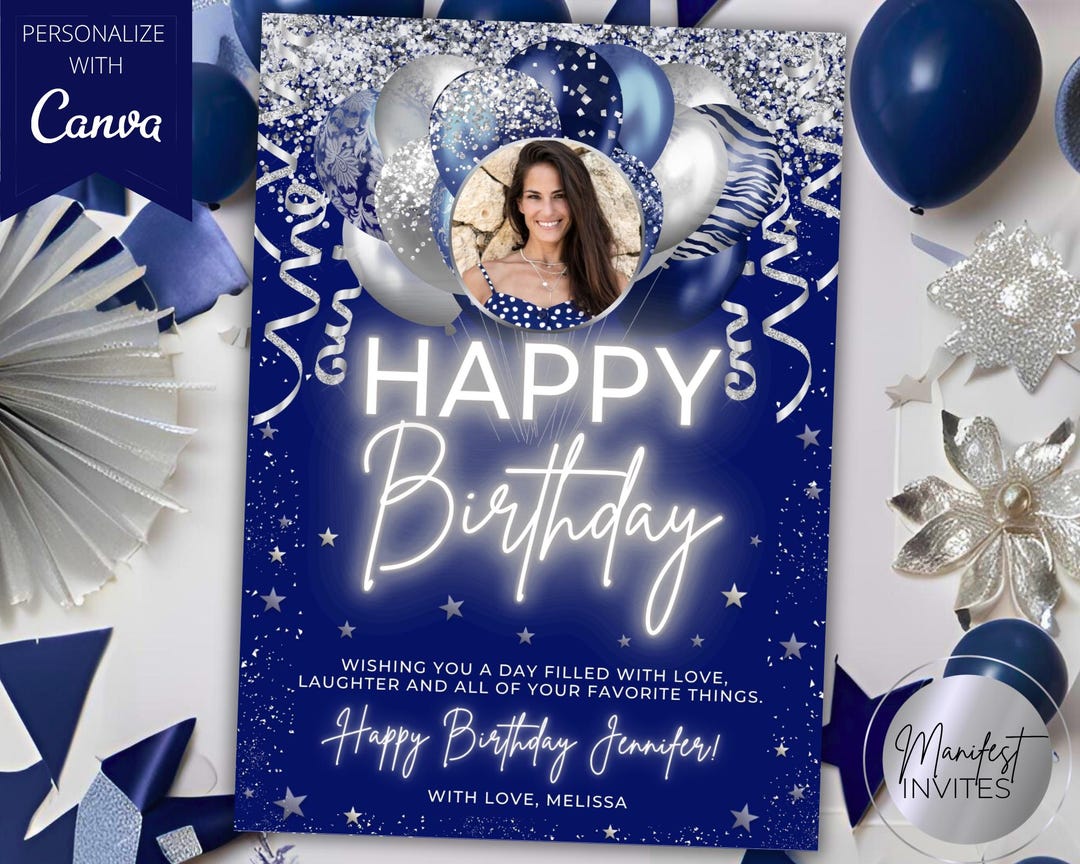 Editable Glam Photo Happy Birthday Greeting Card, Neon Blue Silver ...
