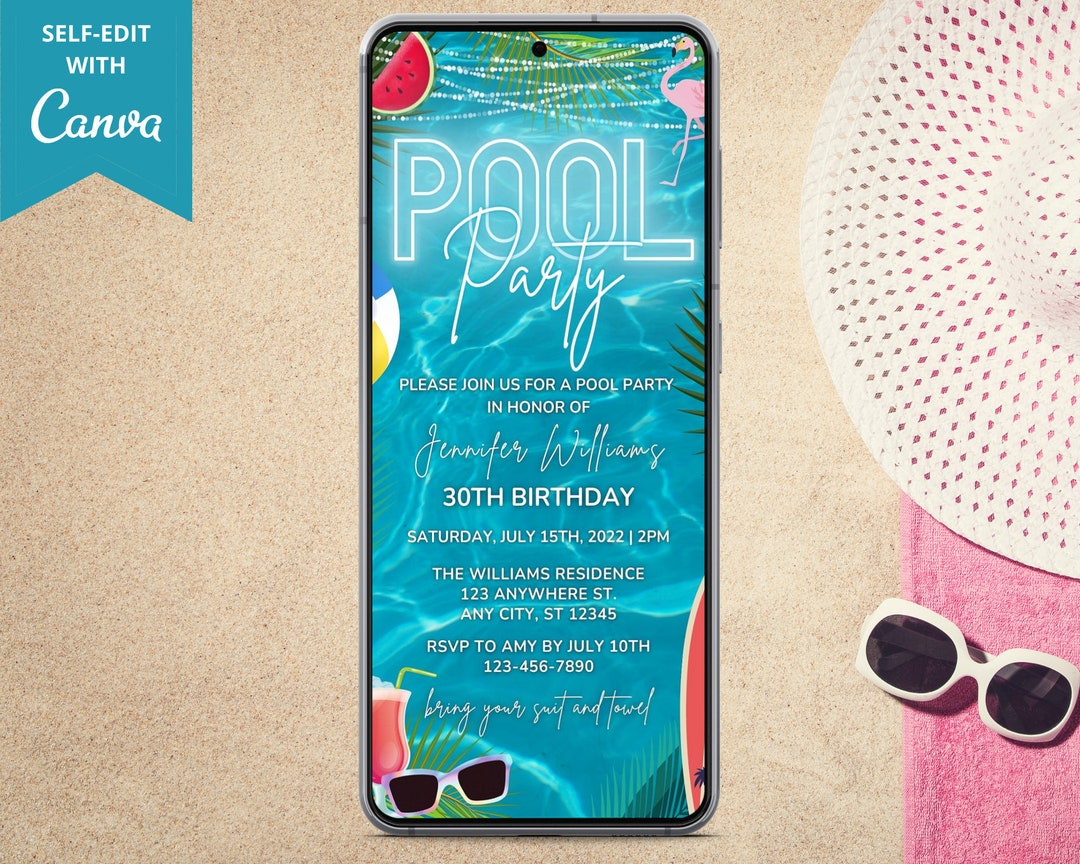 Digital Pool Birthday Party Invitation, Electronic Pool Party Invite ...