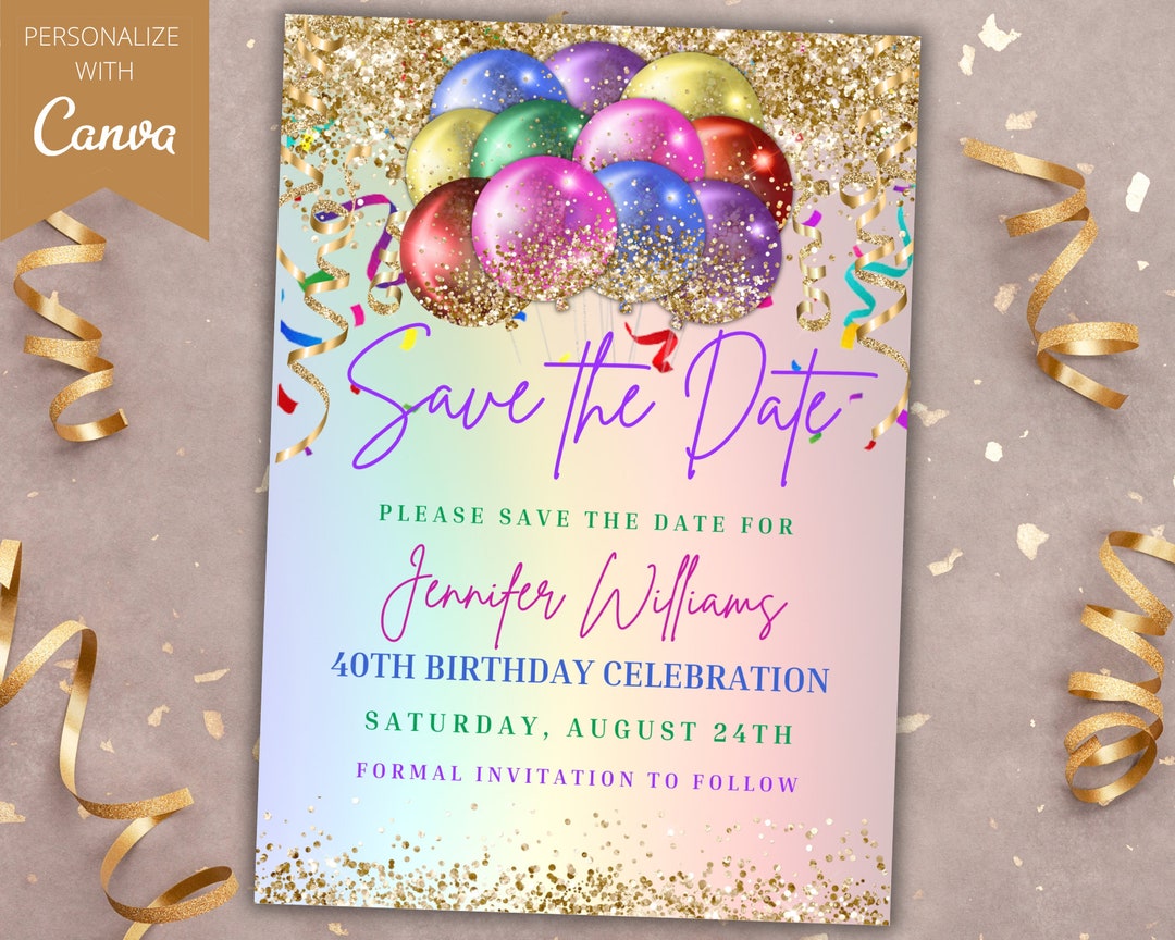 Editable Colorful Rainbow Gold Glitter Balloons Save the Date Party ...