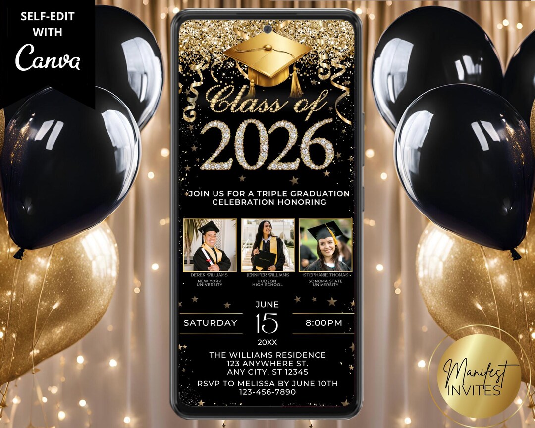 Digital Triple Graduation Party Invitation With Photo, Class of 2026 ...