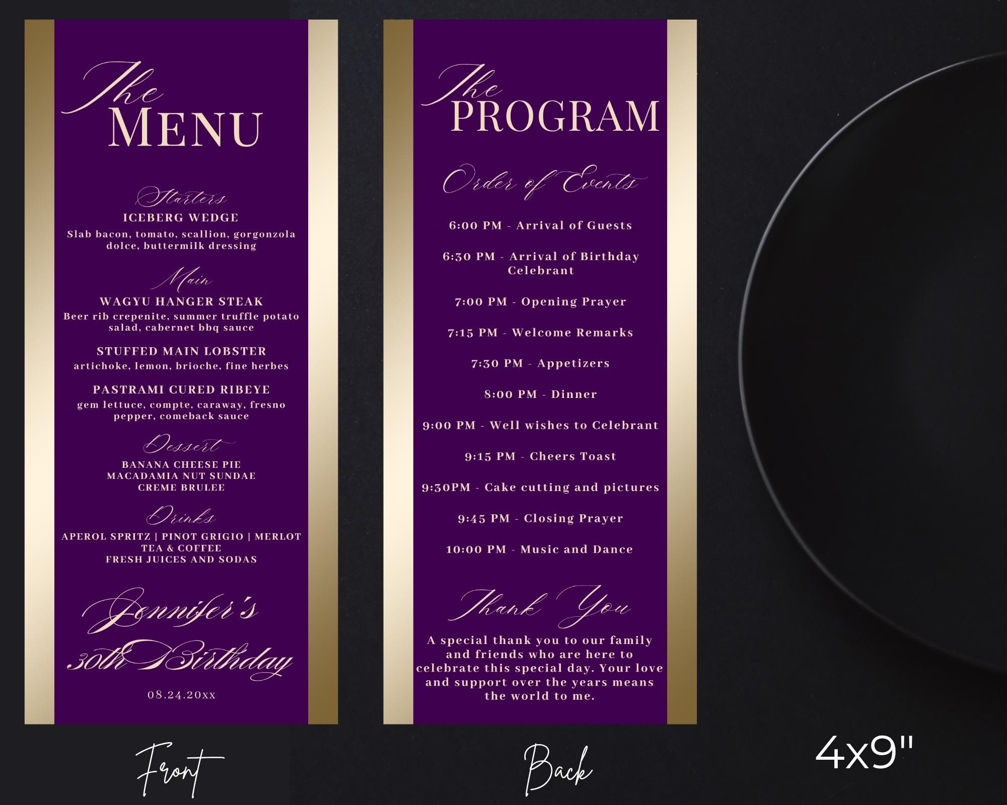 Editable Modern Purple Gold Menu and Event Program Card Template, Thank ...