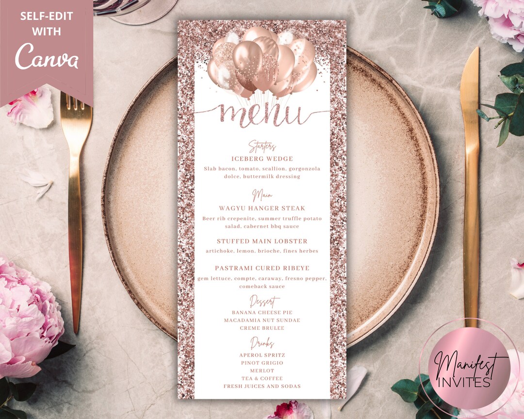 Editable Rose Gold Glitter Balloons Birthday Dinner Menu Card ...