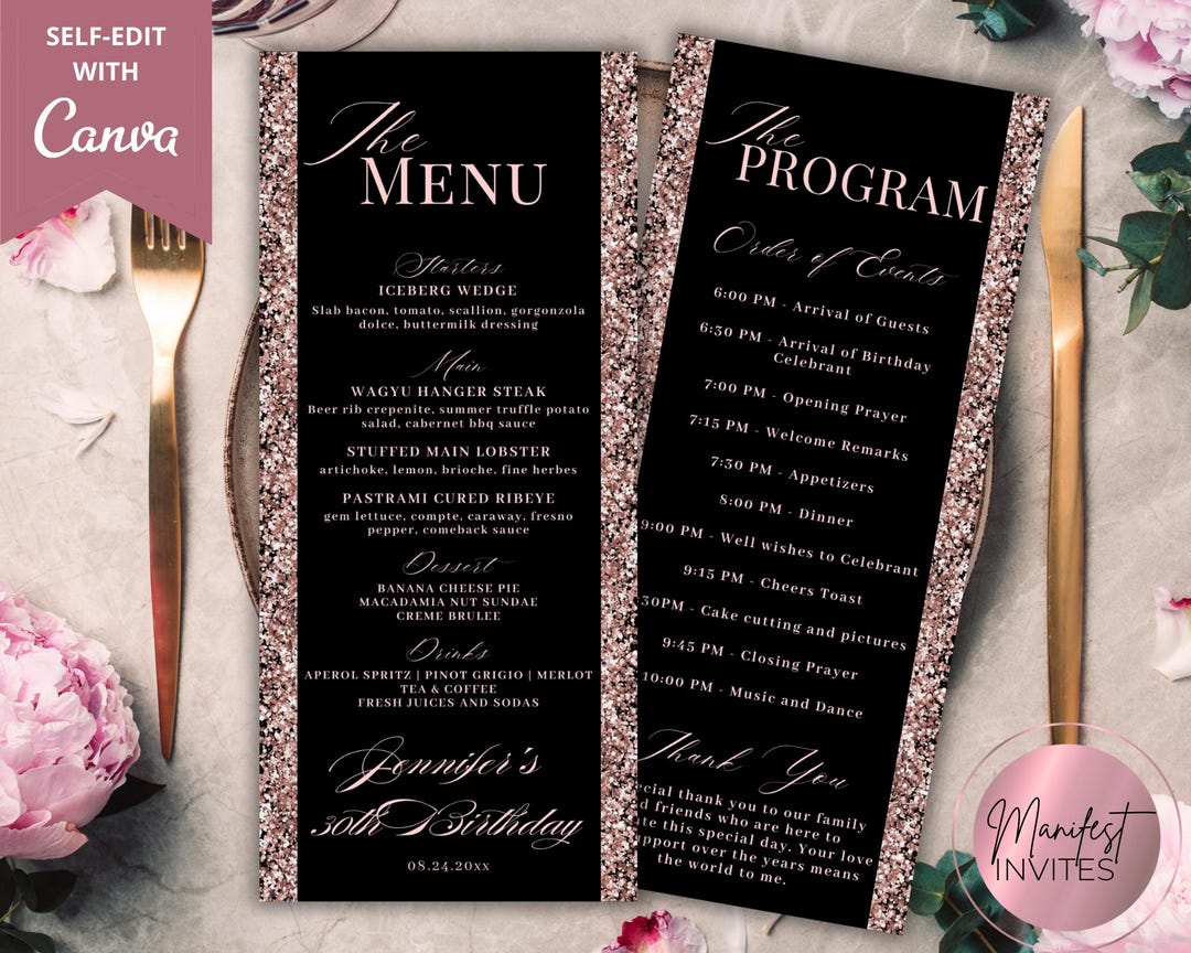 Editable Elegant Rose Gold Glitter Birthday Menu and Program Card ...