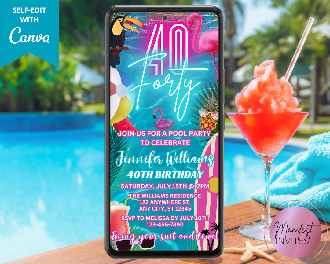 Digital Forty 40th Birthday Pool Party Invitation, Tropical Luau Beach ...