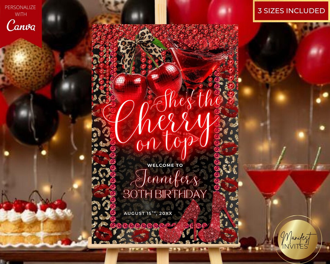 Editable Cheetah & Cherry Welcome Sign, She's the Cherry on Top, Glam ...