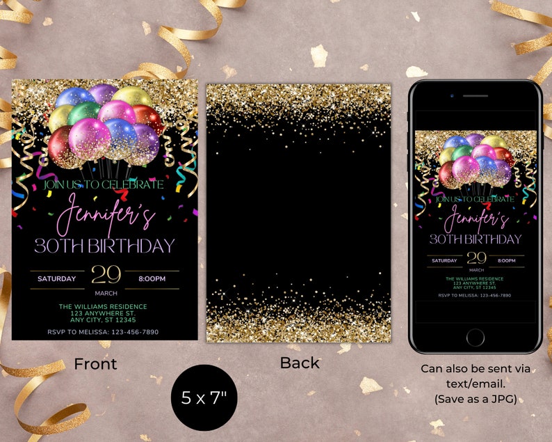 Editable Rainbow Gold Glitter Balloons Birthday Party Invitation ...