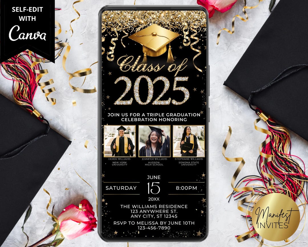 Digital Class of 2025 Triple Graduation Party Photo Invitation, 3 ...