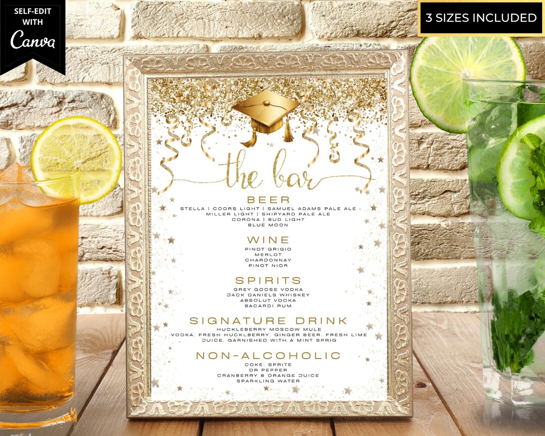 Editable Graduation Party White Gold Bar Menu Template, Printable ...