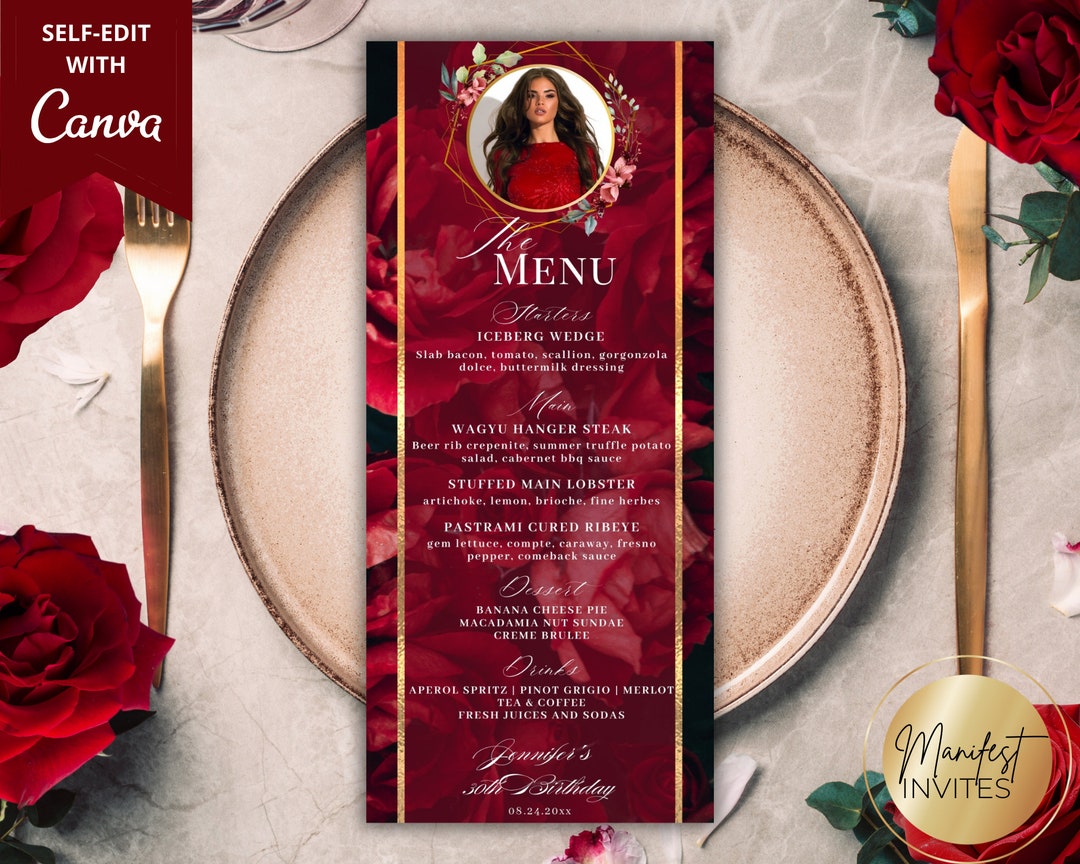 Editable Picture Red Floral Roses Menu Card Template, Printable Event ...