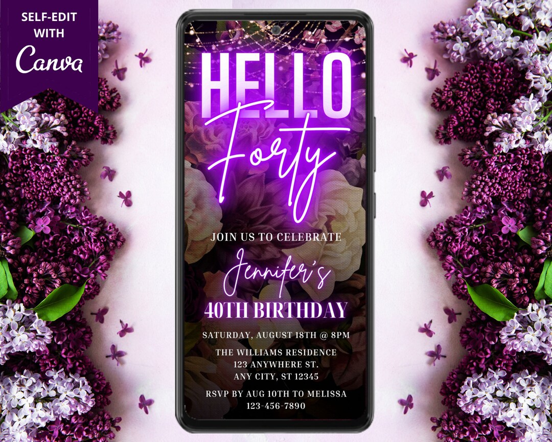 Electronic 40th Hello Forty Purple Neon Floral Birthday Party ...
