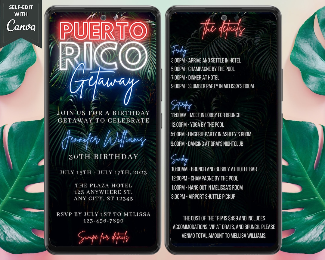 Electronic Tropical Puerto Rico Getaway Birthday Trip Itinerary Invite ...