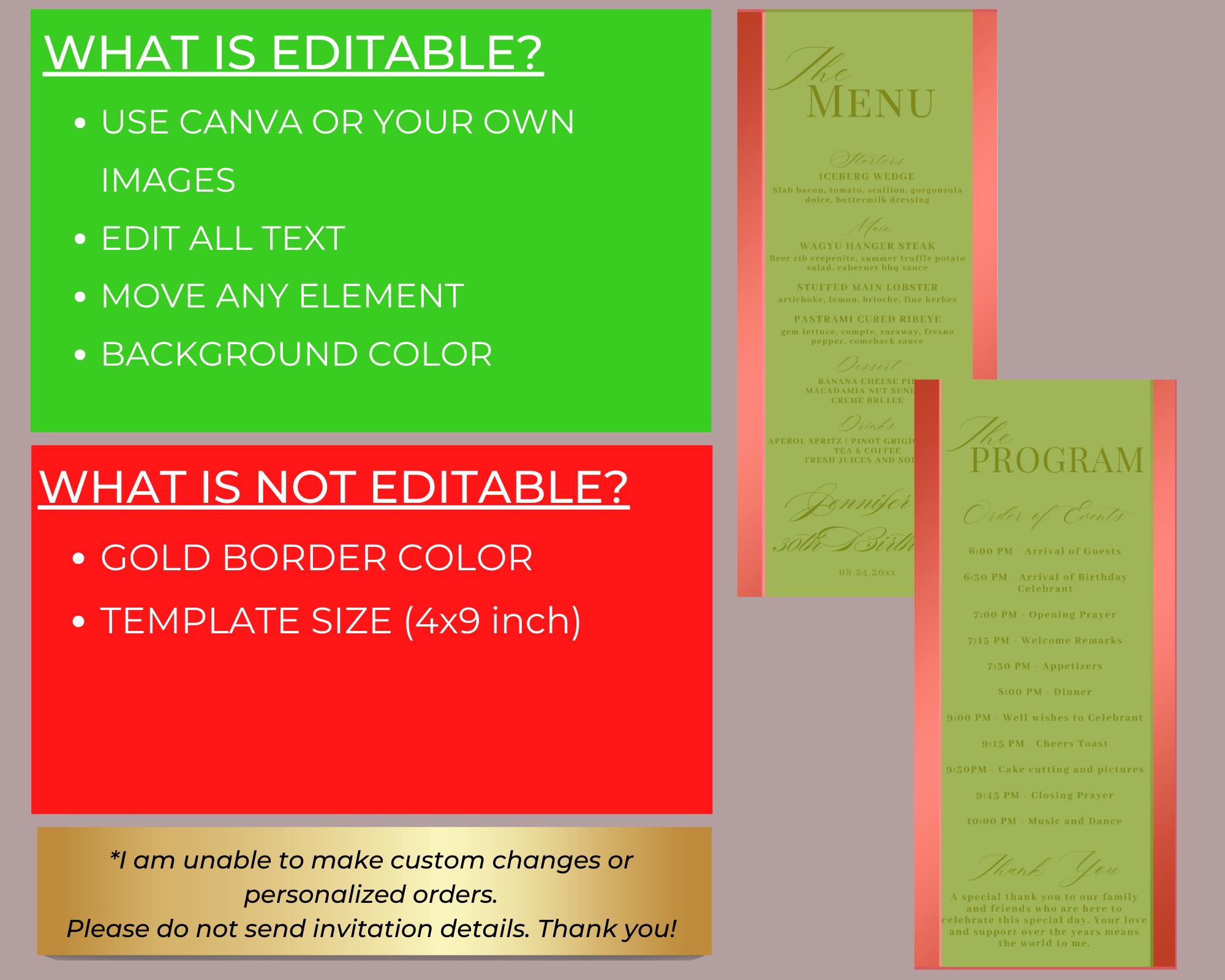 Editable Modern White Gold Menu and Event Program Card Template, Thank ...