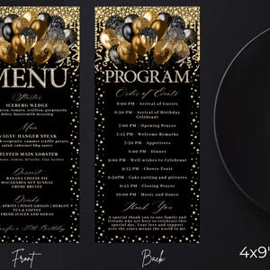 Editable Glam Black Gold Glitter Balloons Diamond Menu Program and ...