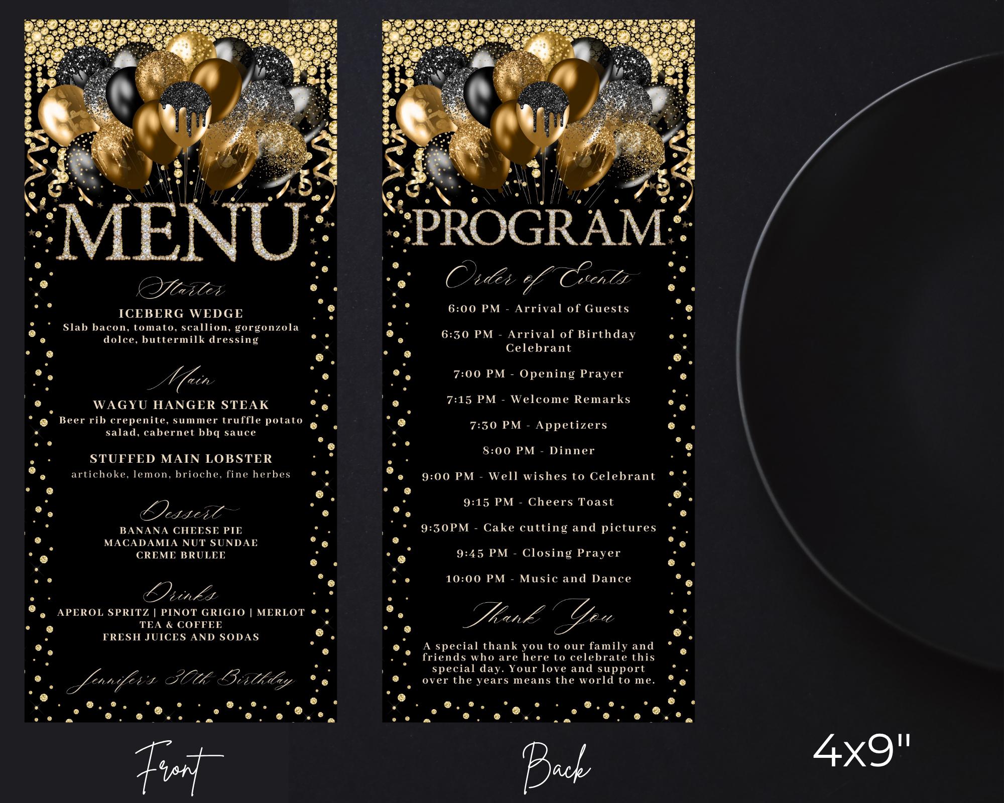 Editable Glam Black Gold Glitter Balloons Diamond Menu Program and ...