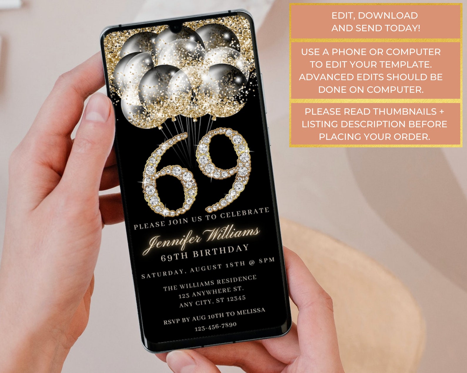 Digital 69th Birthday Party Invitation, Electronic Text Message Evite ...