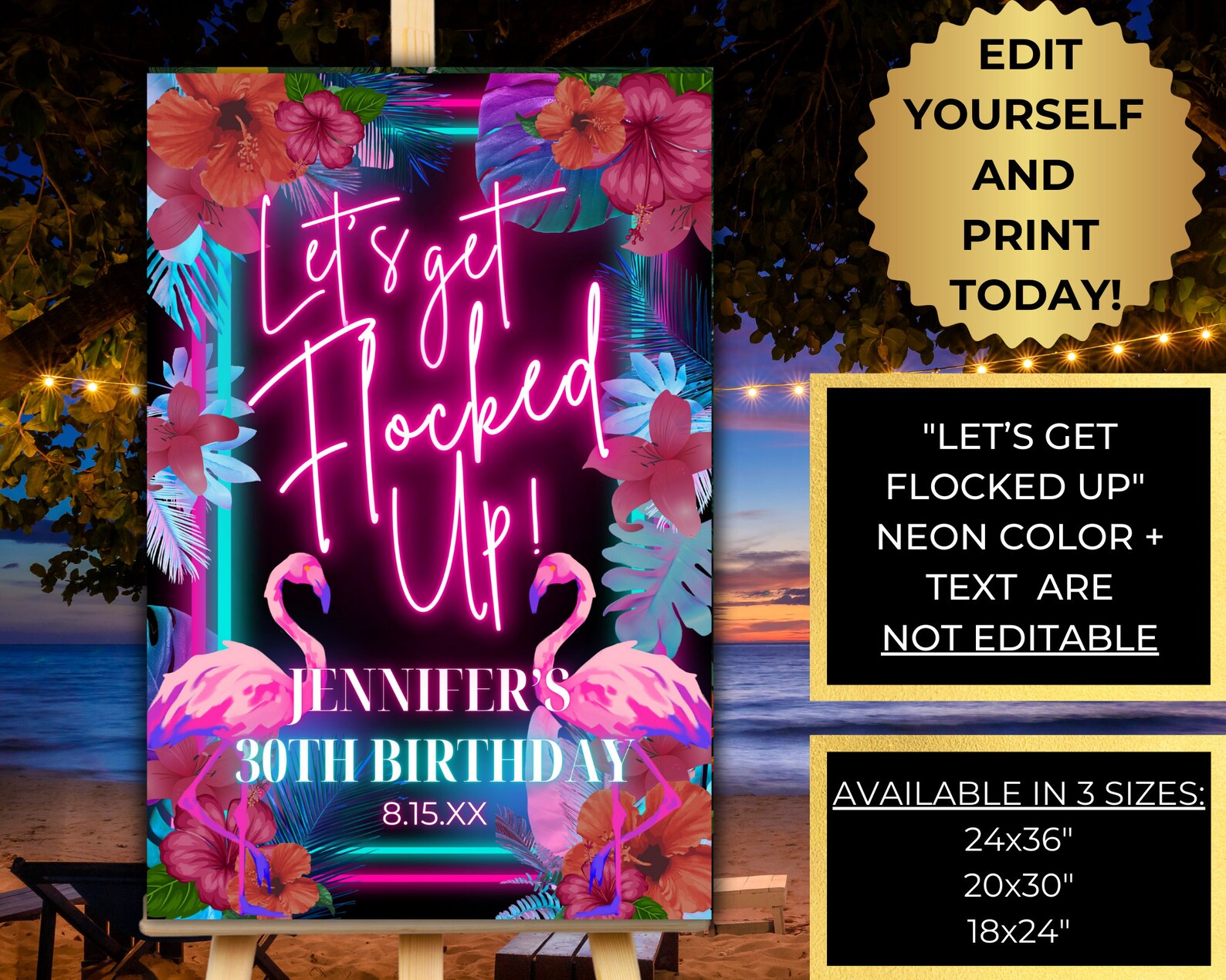 Editable Tropical Let's Get Flocked up Luau Birthday Welcome Sign ...