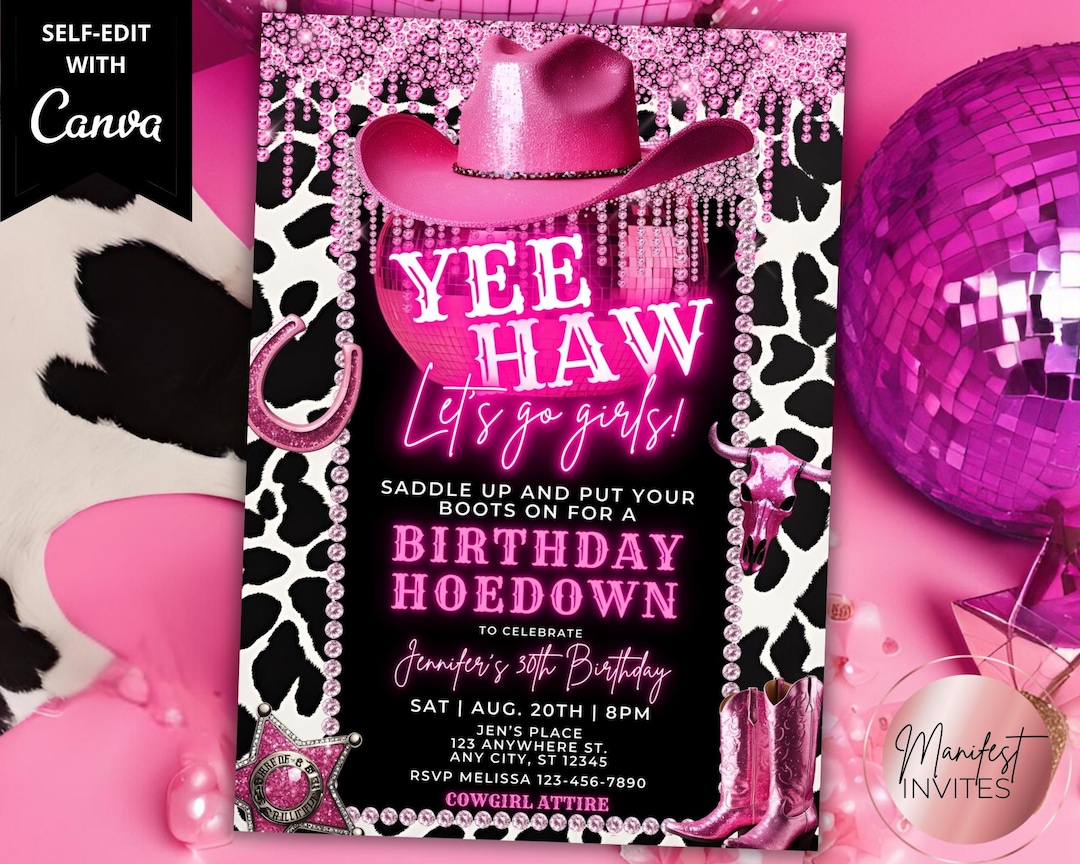 Editable Pink Disco Cowgirl Hoedown Birthday Party Invitation ...