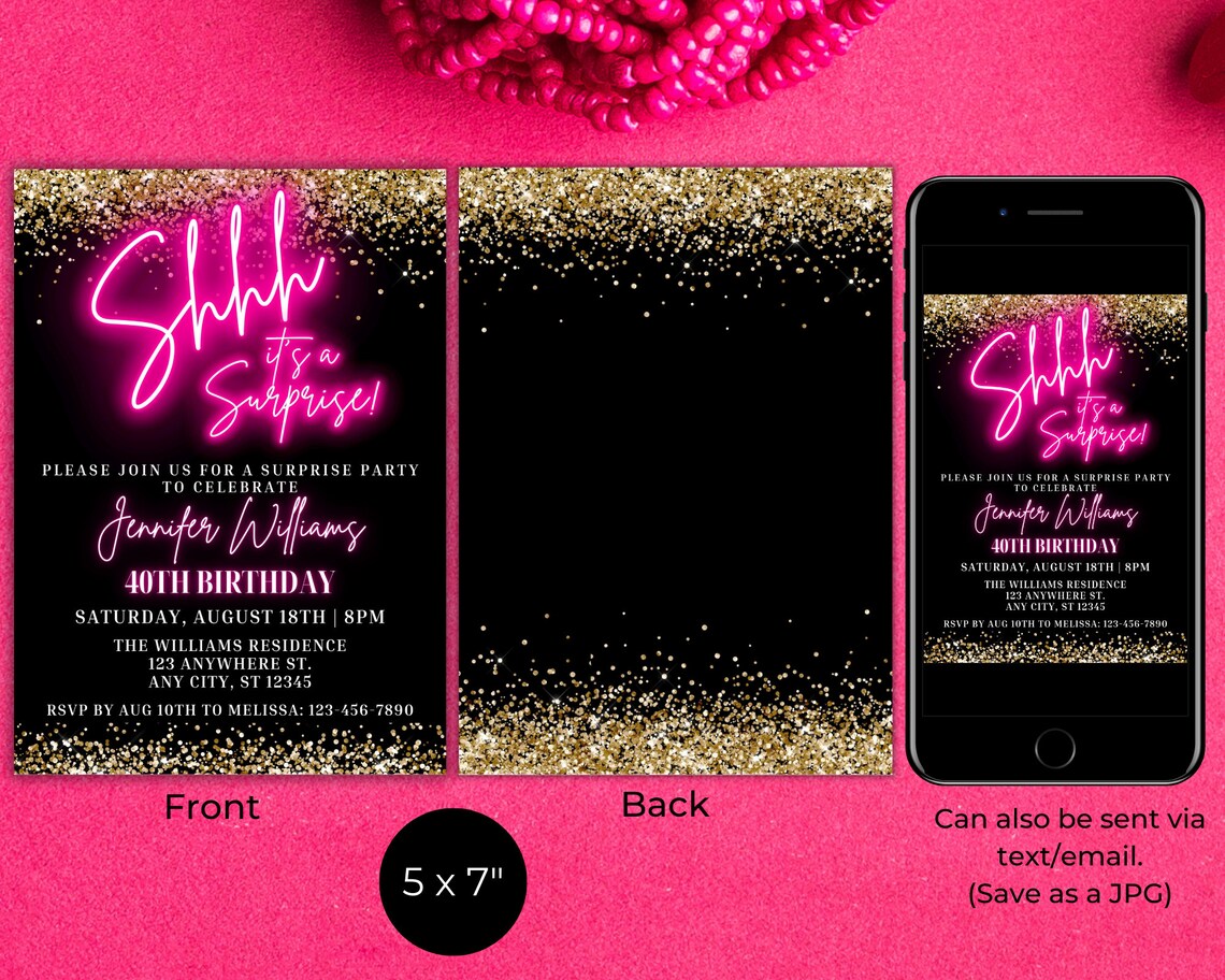 Editable Shhh It's a Surprise Birthday Pink Neon Gold Glitter Party ...