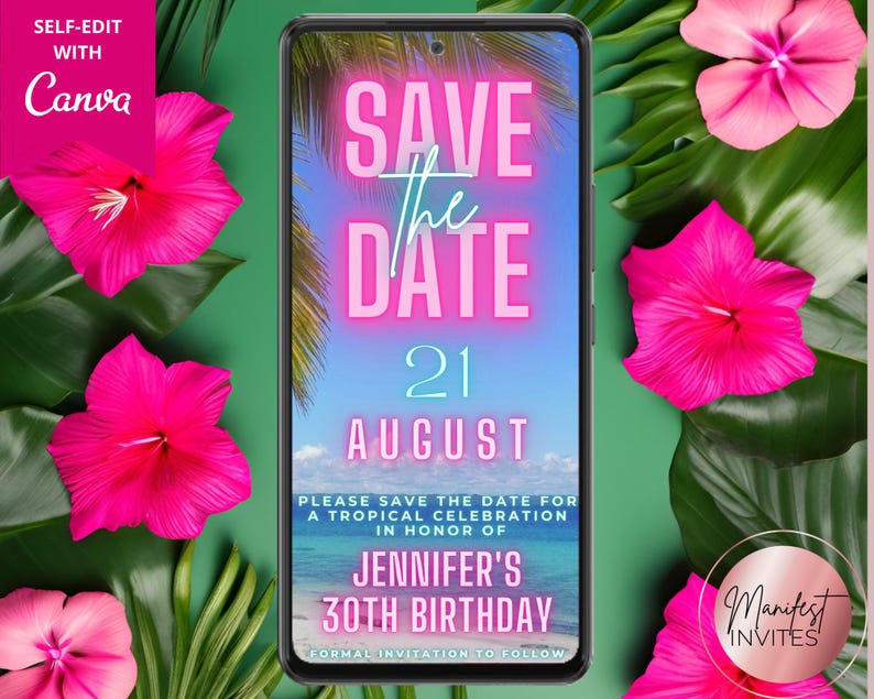 Digital Tropical Summer Beach Save the Date Party Invitation, Pink Teal ...