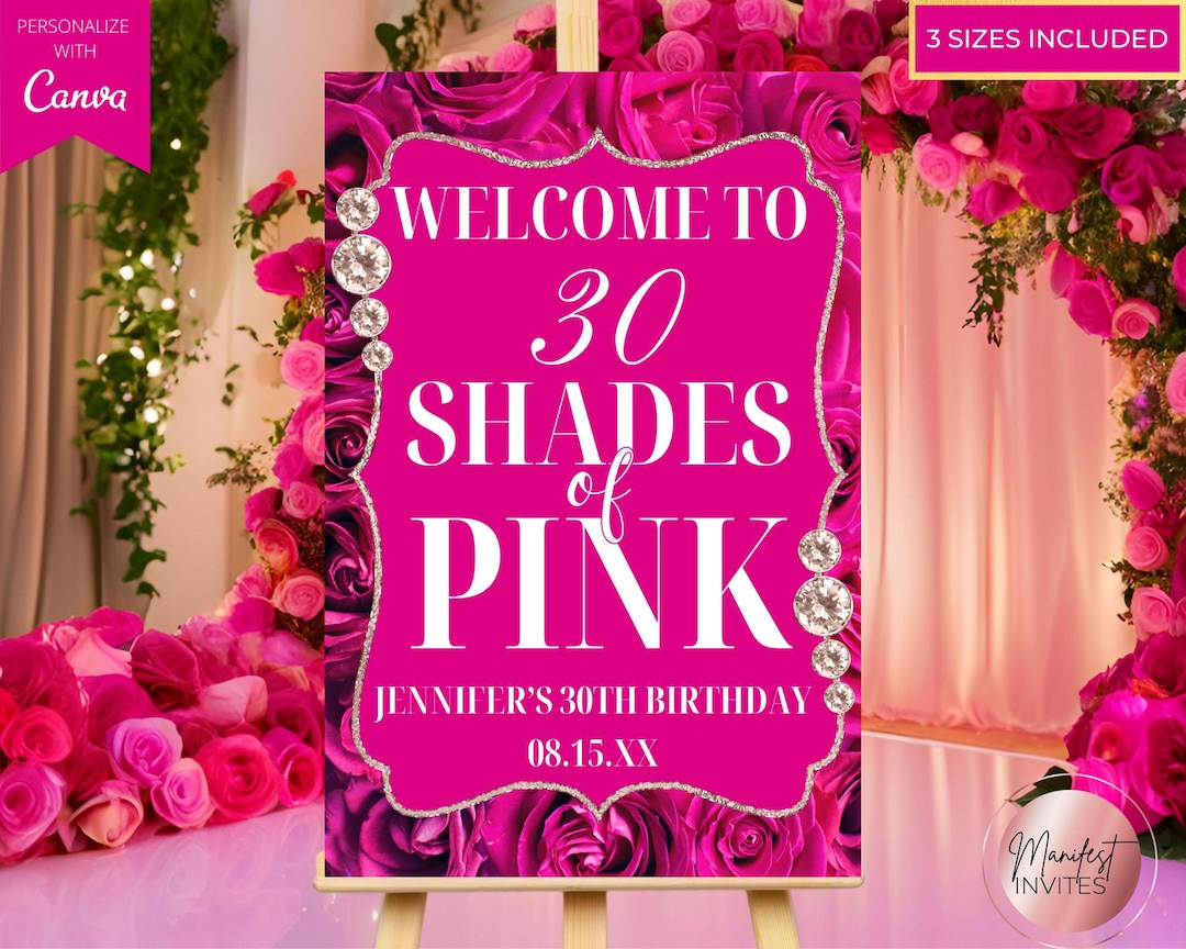 Editable Shades of Pink Birthday Party Welcome Sign, Pink Floral Roses ...