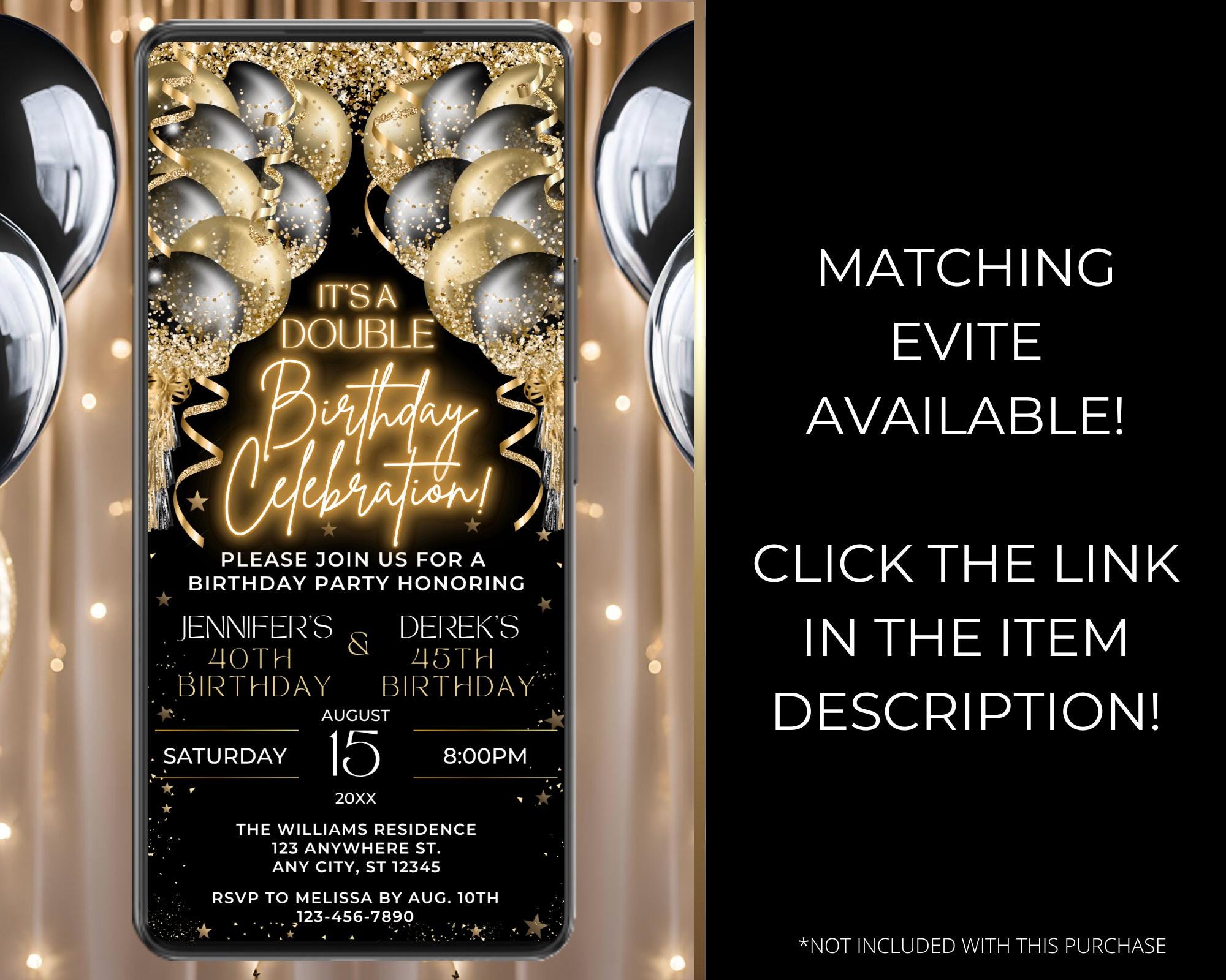 Editable Double Birthday Photo Black Gold Balloons Party Welcome Sign ...