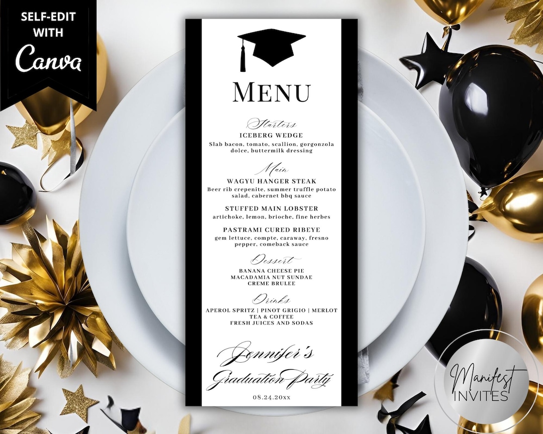 Editable Modern Graduation Black White Dinner Menu Card Template ...