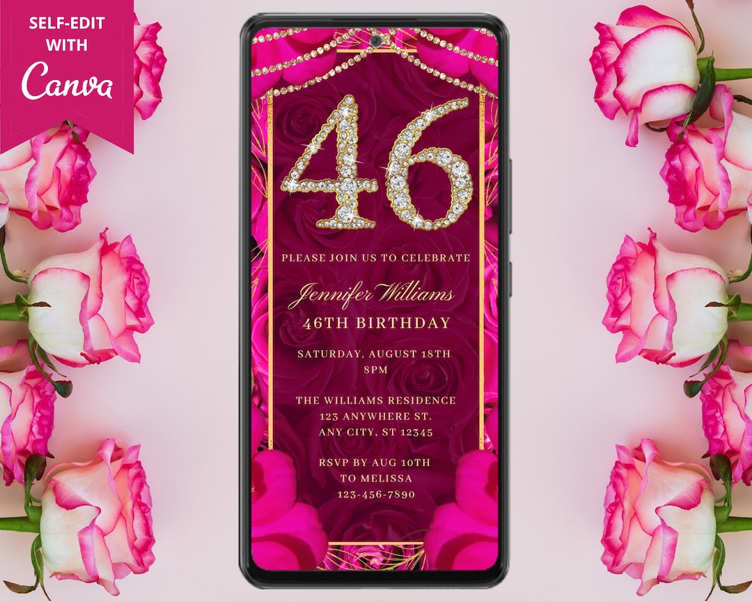 Digital 46th Birthday Party Invitation, Electronic Phone Text Evite ...