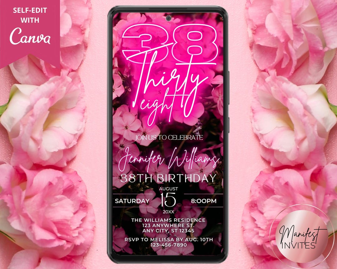 Digital Glam 38th Birthday Party Invitation for Women, Elegant Pink ...