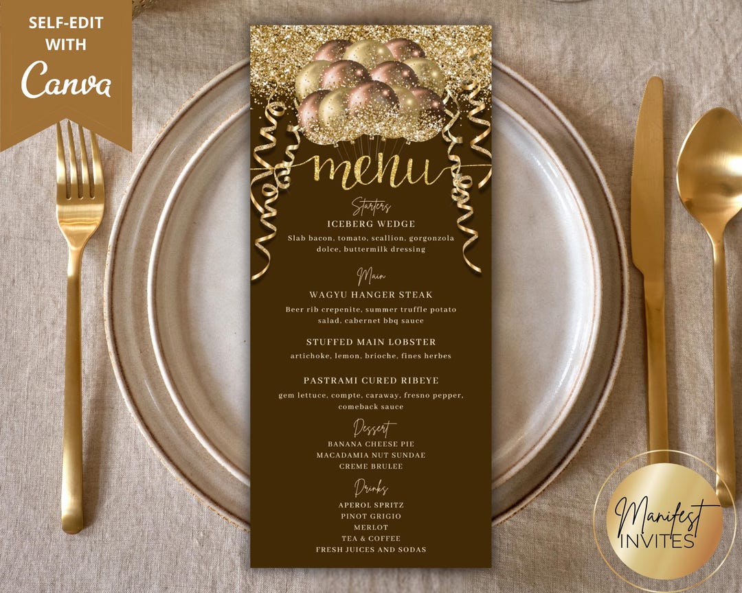 Editable Bronze Gold Glitter Balloons Birthday Dinner Menu Card ...